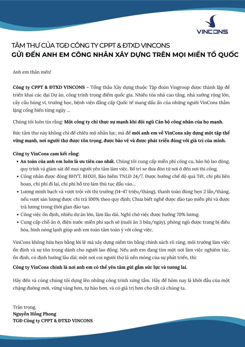 TGĐ công ty xây dựng của Vingroup viết tâm thư: Mời gọi công nhân "dựng ...