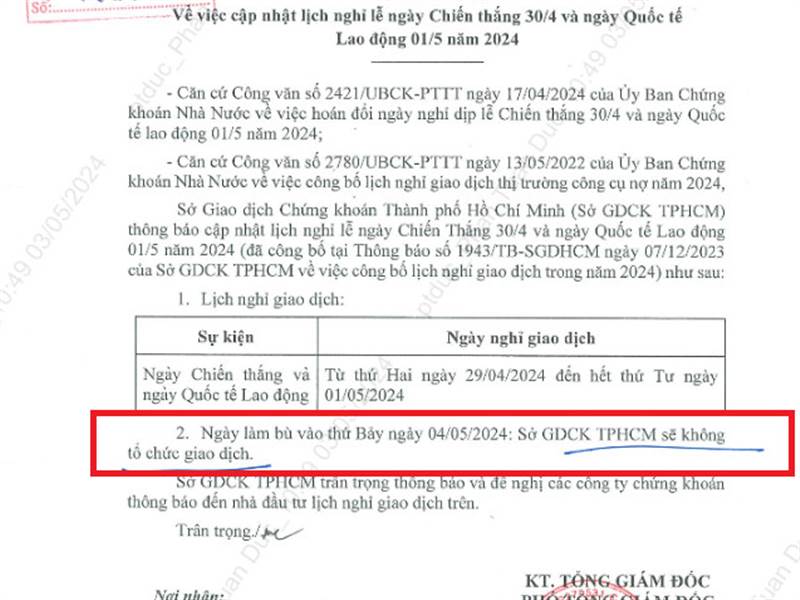 Hôm trước lễ có thông báo Giao dịch bù vào T7 (04/...