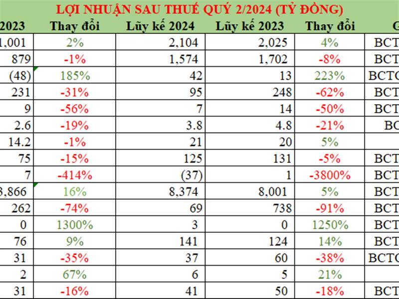CẬP NHẬT LNST Qúy 2/2024 MỘT SỐ CÔNG TY: